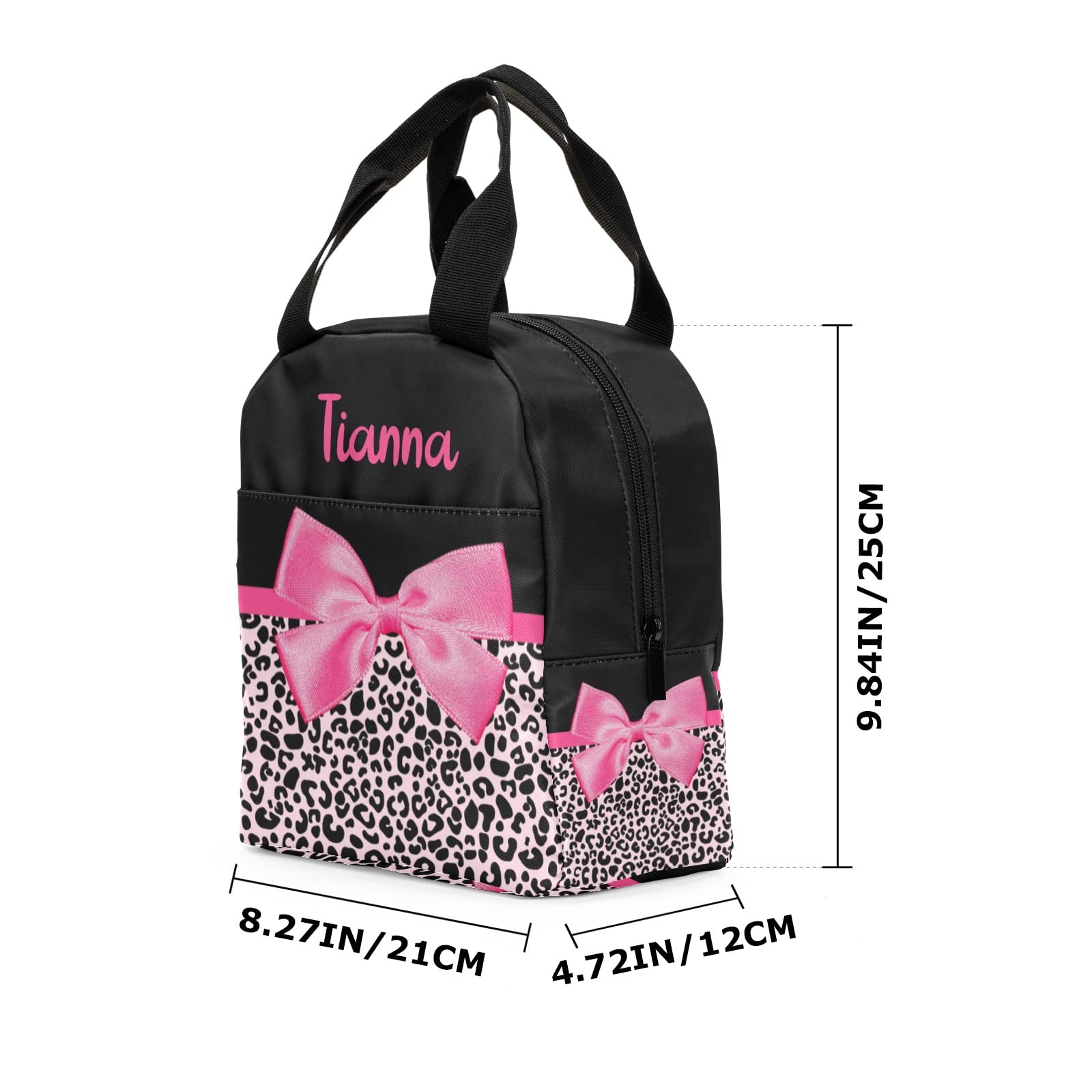 zaaprintblanket Personalized Leopard Print Pink Bow Lunch Box for Women Men,Custom Lunch Bags for Teens Insulated Lunch Tote with Name Reusable Meal Container