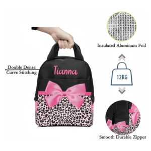 zaaprintblanket Personalized Leopard Print Pink Bow Lunch Box for Women Men,Custom Lunch Bags for Teens Insulated Lunch Tote with Name Reusable Meal Container