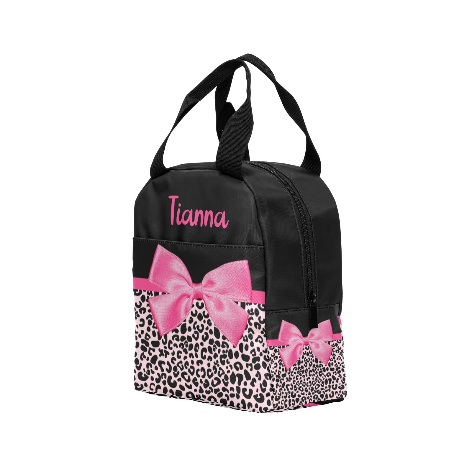 zaaprintblanket Personalized Leopard Print Pink Bow Lunch Box for Women Men,Custom Lunch Bags for Teens Insulated Lunch Tote with Name Reusable Meal Container