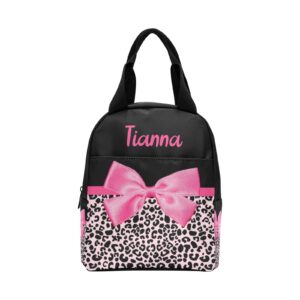 zaaprintblanket Personalized Leopard Print Pink Bow Lunch Box for Women Men,Custom Lunch Bags for Teens Insulated Lunch Tote with Name Reusable Meal Container