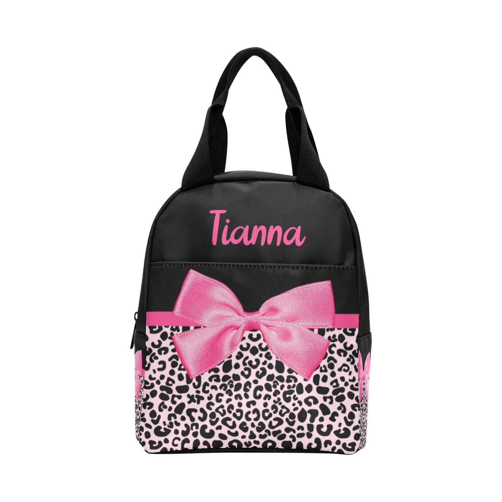 zaaprintblanket Personalized Leopard Print Pink Bow Lunch Box for Women Men,Custom Lunch Bags for Teens Insulated Lunch Tote with Name Reusable Meal Container