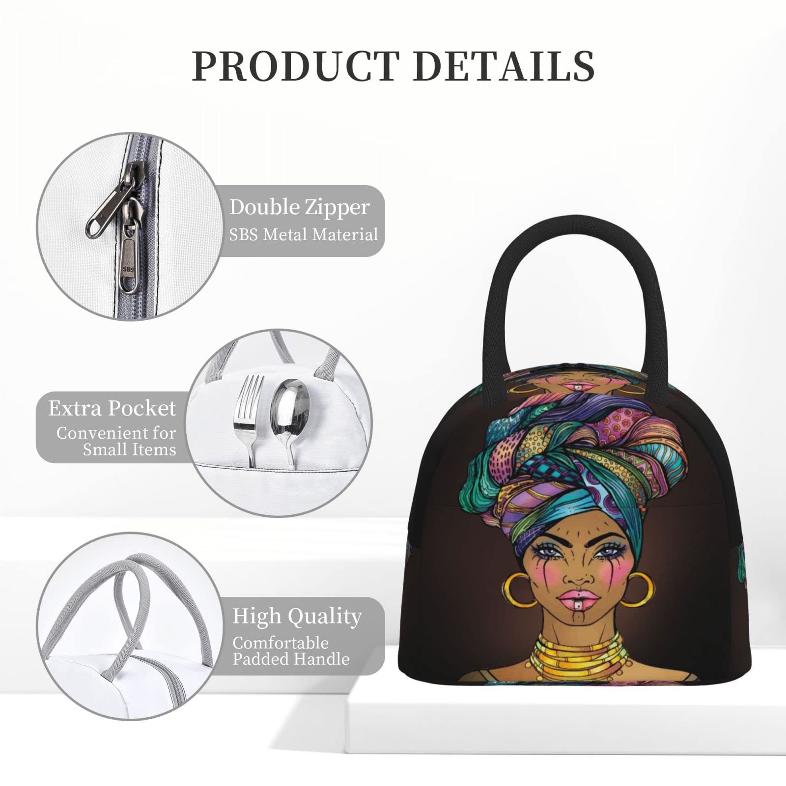 Oplp Beautiful African Woman Portrait Large Lunch Bag Capacity Box Meal Prep Insulated Handbag Reusable Lunch Container