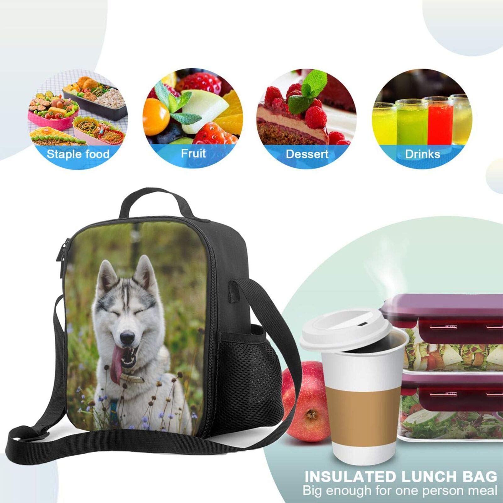 PrelerDIY Husky Lunch Box - Insulated Lunch Box for Kids Funny 3D Design with Side Pocket & Shoulder Strap Lunch Bag Perfect for School/Camping/Hiking/Picnic/Beach/Travel