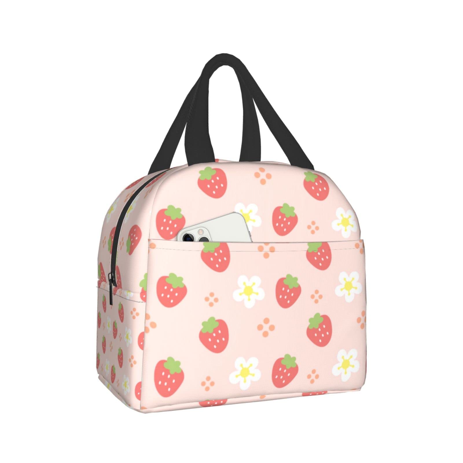 Senheol Pink Strawberry and Flowers Print Lunch Box, Kawaii Small Insulation Lunch Bag, Reusable Food Bag Lunch Containers Bags for Women Men