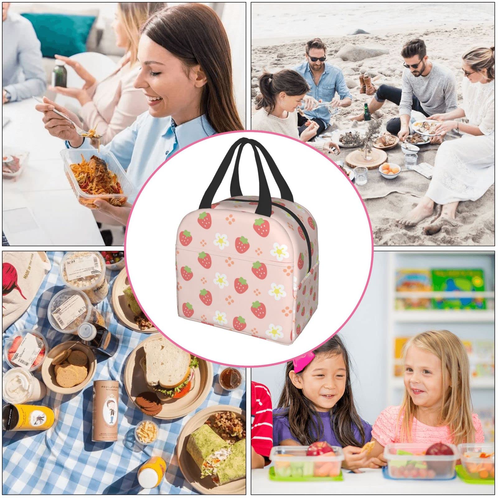 Senheol Pink Strawberry and Flowers Print Lunch Box, Kawaii Small Insulation Lunch Bag, Reusable Food Bag Lunch Containers Bags for Women Men