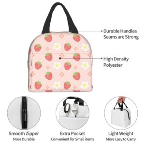 Senheol Pink Strawberry and Flowers Print Lunch Box, Kawaii Small Insulation Lunch Bag, Reusable Food Bag Lunch Containers Bags for Women Men