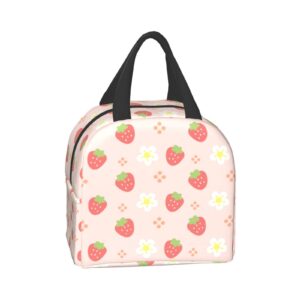 Senheol Pink Strawberry and Flowers Print Lunch Box, Kawaii Small Insulation Lunch Bag, Reusable Food Bag Lunch Containers Bags for Women Men