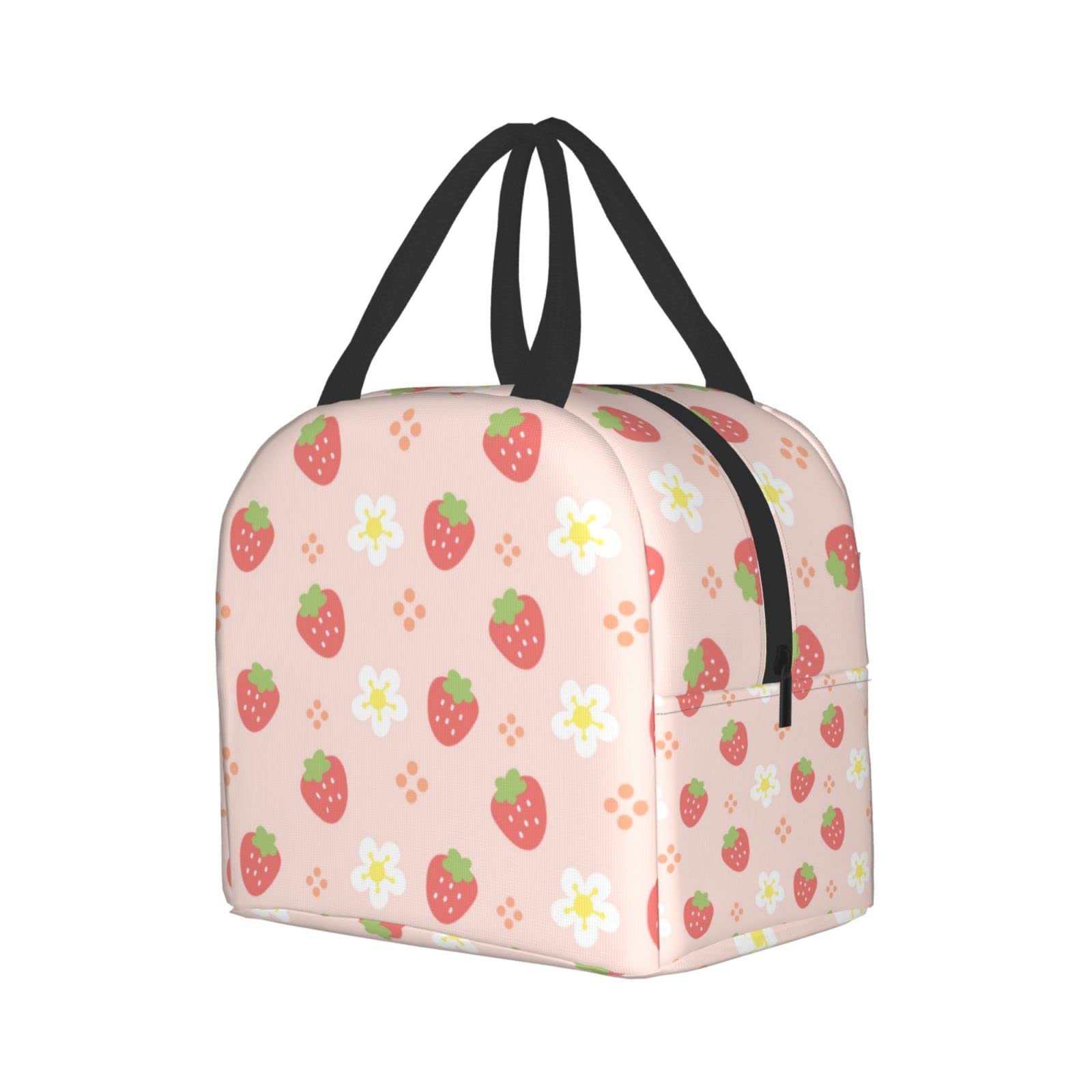 Senheol Pink Strawberry and Flowers Print Lunch Box, Kawaii Small Insulation Lunch Bag, Reusable Food Bag Lunch Containers Bags for Women Men