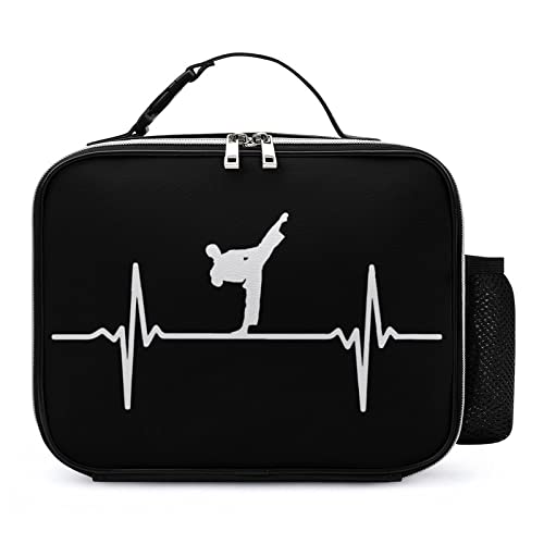 Karate Heartbeat Lunch Bag Reusable Insulated Handbag Detachable Leather Box Handle Meal Prep Holder for Picnic Office