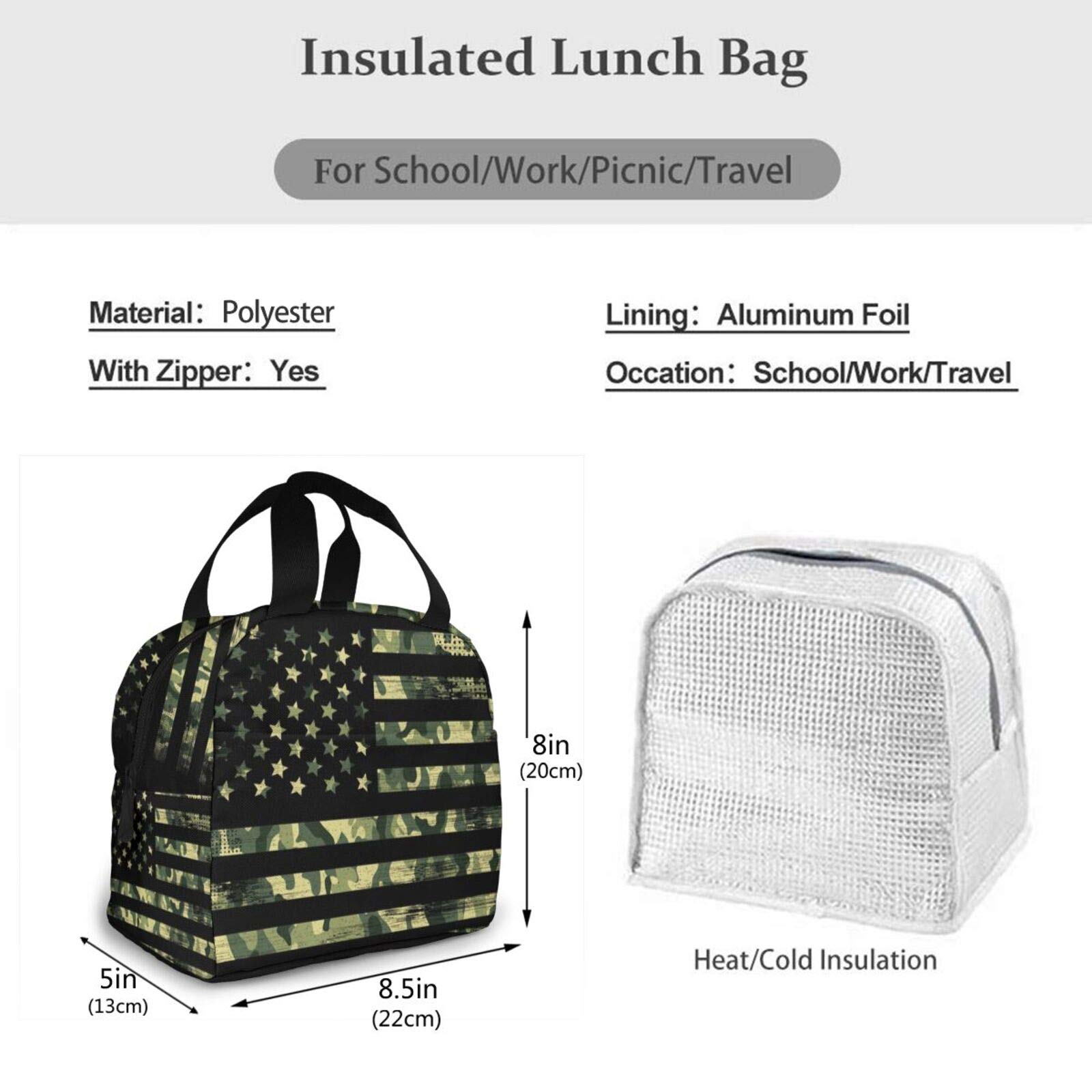 American Flag With Green Camo Lunch Bag Insulated Water-Resistant Tote Bag Reusable Lunch Box For Picnic Travel