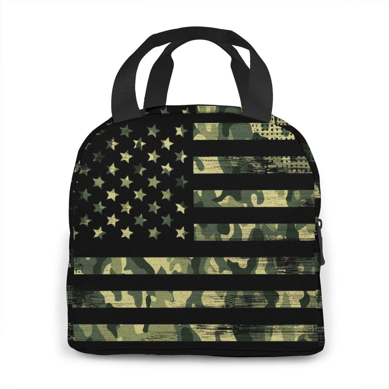 American Flag With Green Camo Lunch Bag Insulated Water-Resistant Tote Bag Reusable Lunch Box For Picnic Travel