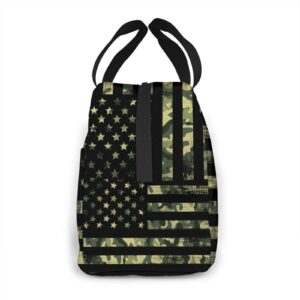 American Flag With Green Camo Lunch Bag Insulated Water-Resistant Tote Bag Reusable Lunch Box For Picnic Travel