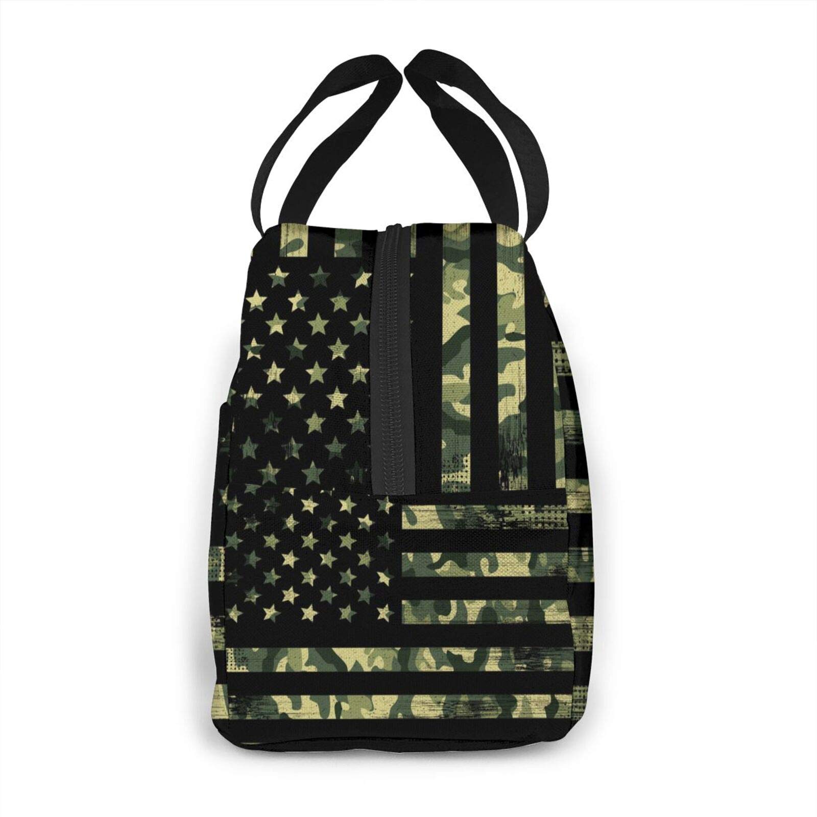 American Flag With Green Camo Lunch Bag Insulated Water-Resistant Tote Bag Reusable Lunch Box For Picnic Travel