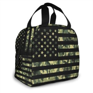 American Flag With Green Camo Lunch Bag Insulated Water-Resistant Tote Bag Reusable Lunch Box For Picnic Travel