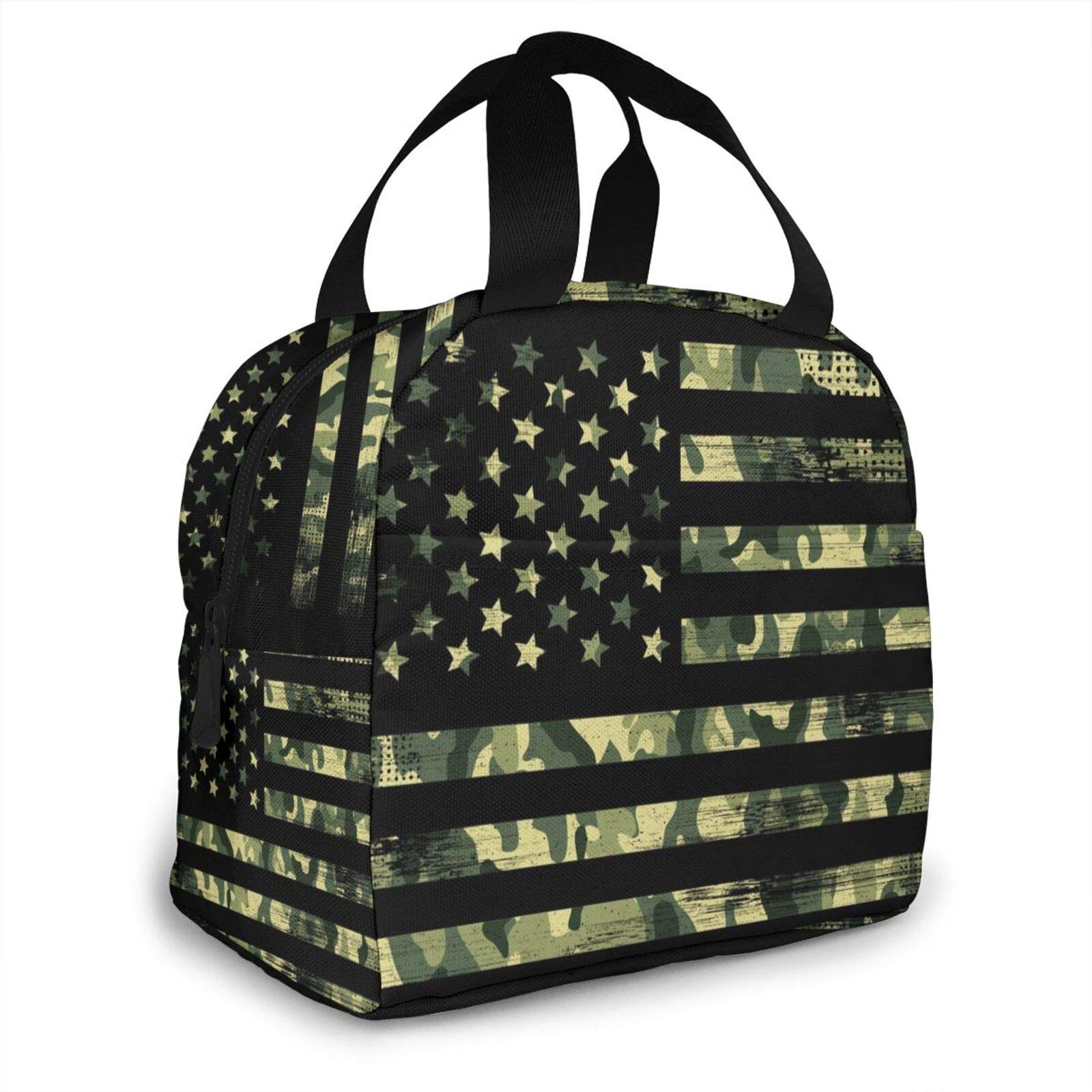 American Flag With Green Camo Lunch Bag Insulated Water-Resistant Tote Bag Reusable Lunch Box For Picnic Travel