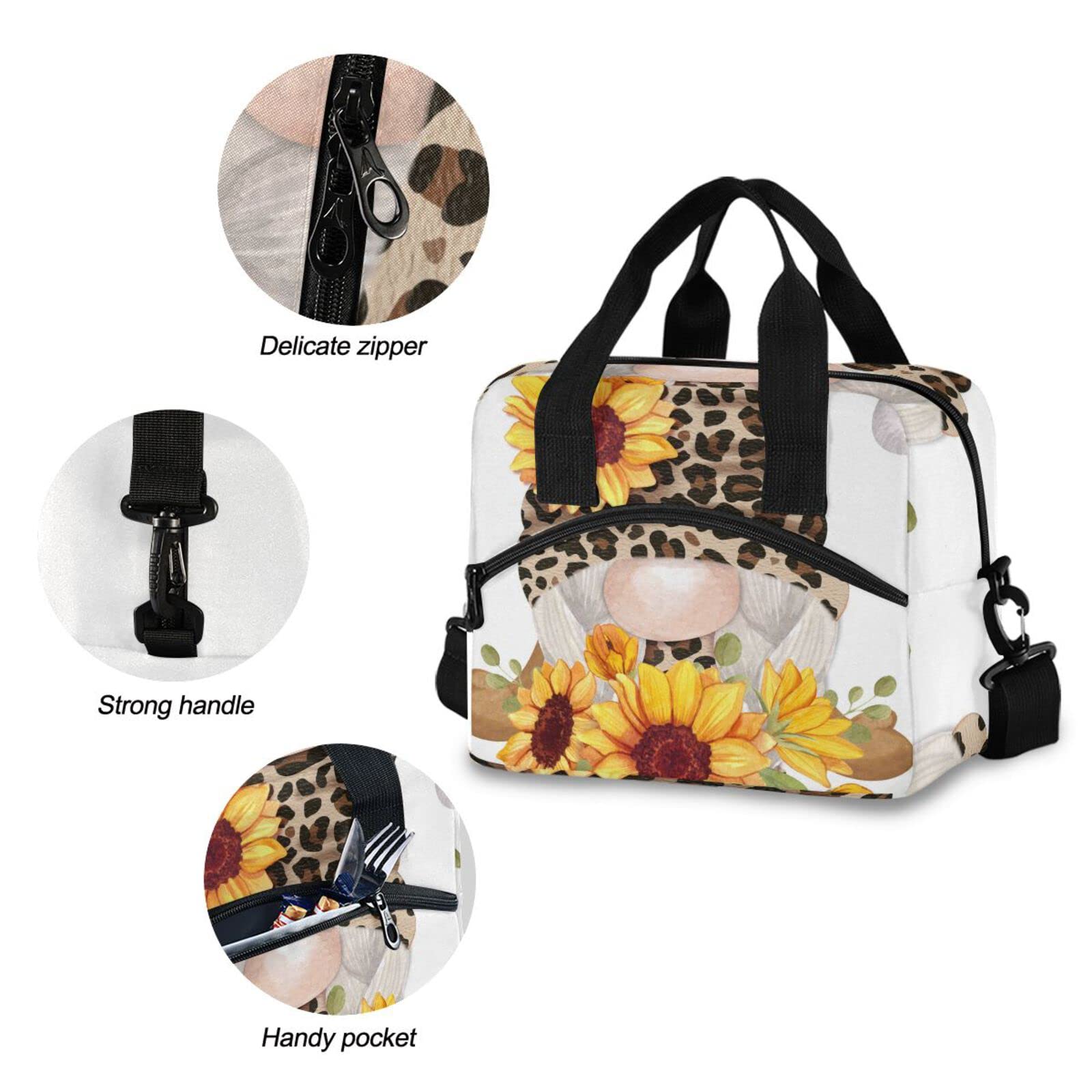 ALAZA Leopard Gnome Sunflower Lunch Tote Bags for Women Leakproof Lunch Bag lunch Box Lunch Cooler Bag(226te1b)