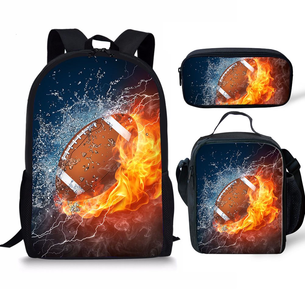 FOR U DESIGNS Sport Football Teens Schoolbag Backpack with Lunchbox Durable Pencil Box 3 Pieces