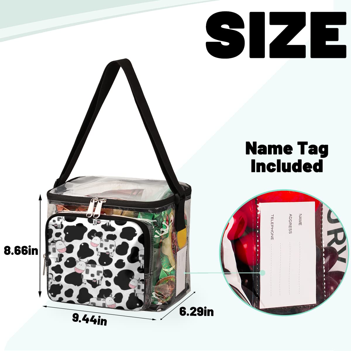 bisibuy Animal Cows Print Clear Lunch Bag Stadium Approved PVC Plastic See Through Lunch box with Adjustable Strap for Sports Events Concerts Office