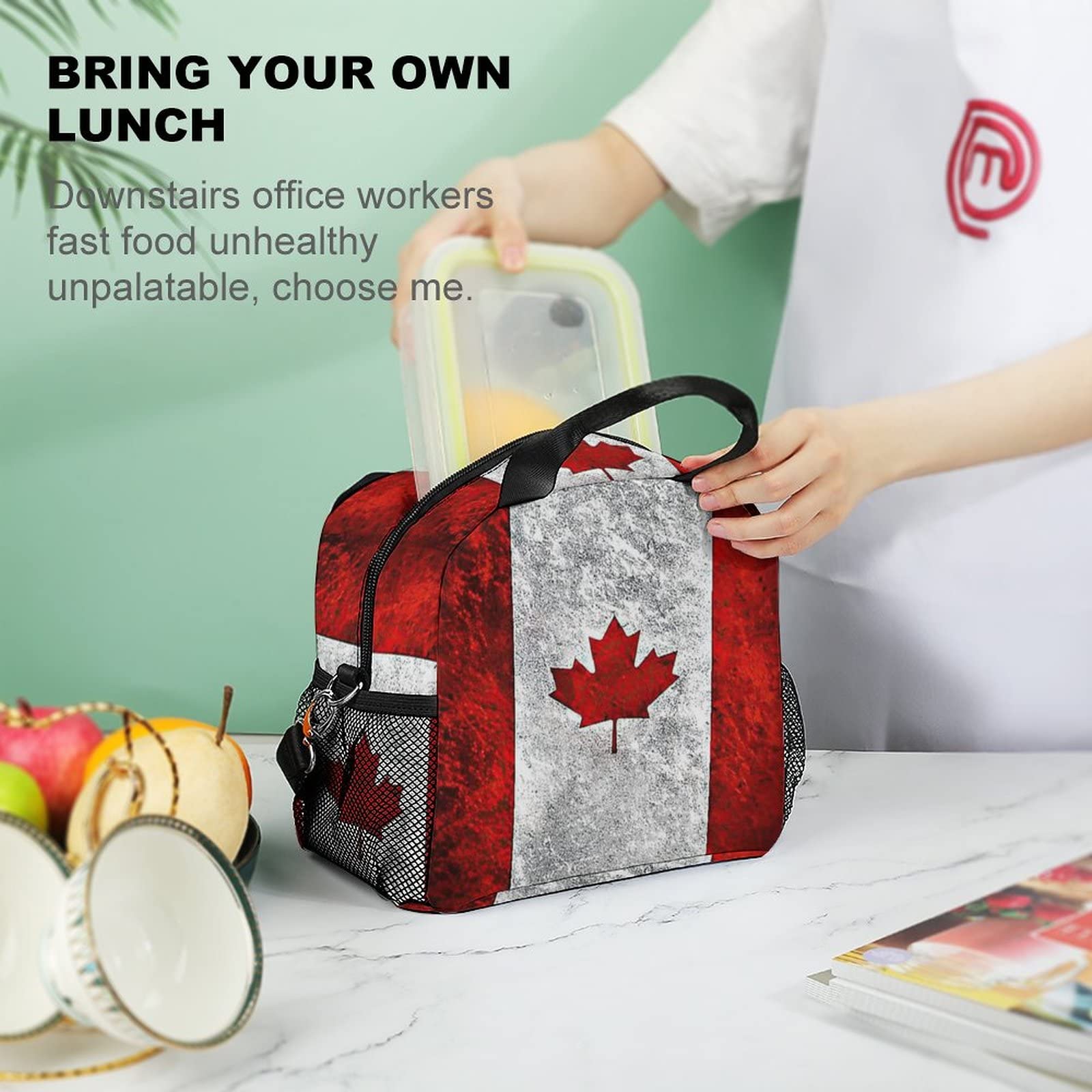 Lunch Box Women Boys Girls Canada Flag Lunch Bag Insulated Thermos Tote with Water Bottle Holder & Removable Shoulder Strap for Back to School Travel Work