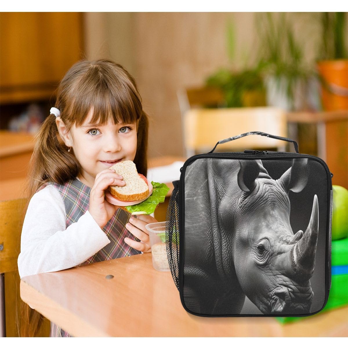 Kigai High Alert Rhino School Lunchbox for Boys Girls,Insulated Lunch Tote Bag with Adjustable Strap,Leakproof and Durable Lunch Cooler for Work Office