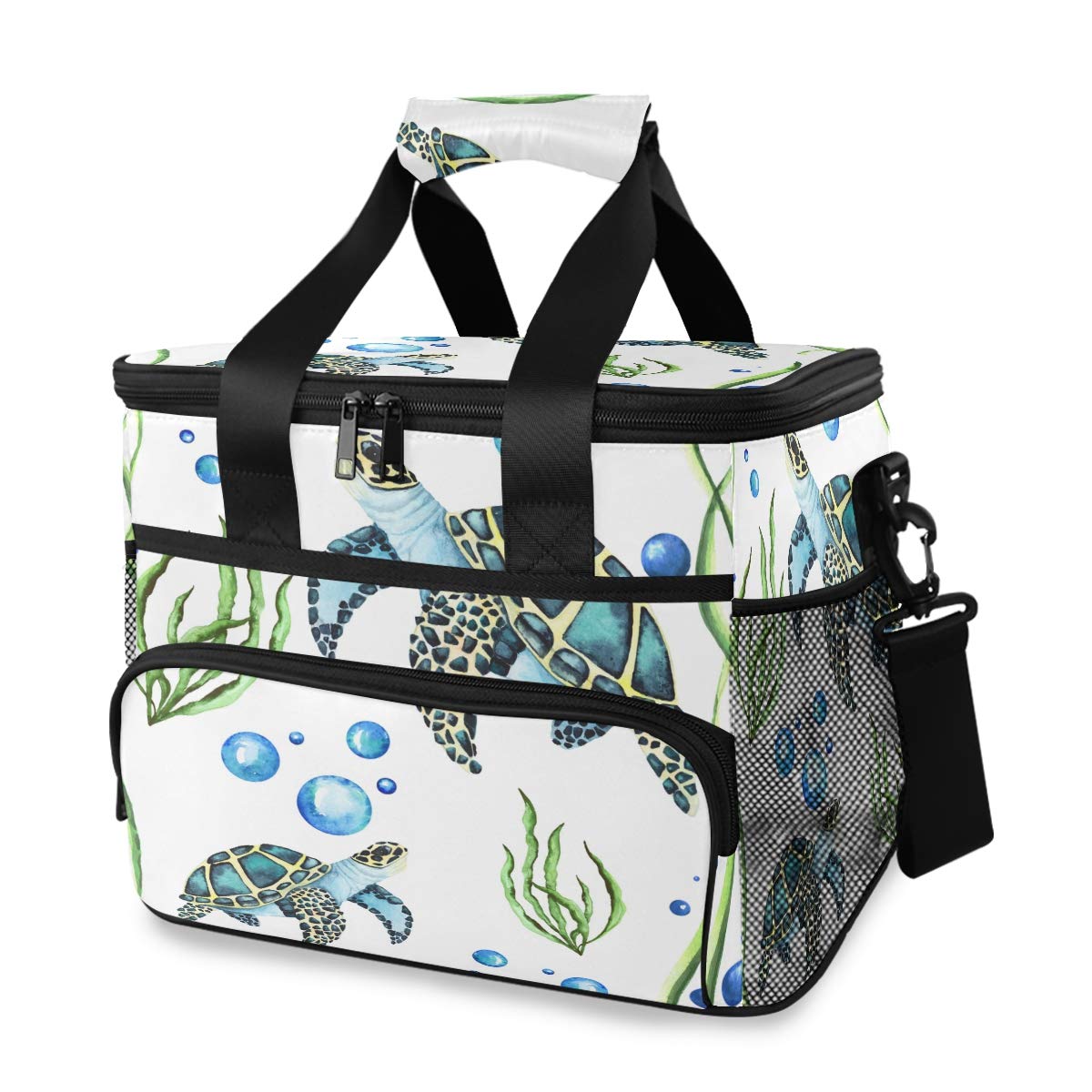 ALAZA Watercolor Sea Turtles and Seaweed Bubbles Large Capacity Cooler Tote Insulated Lunch Bag Lunch Cooler Bag