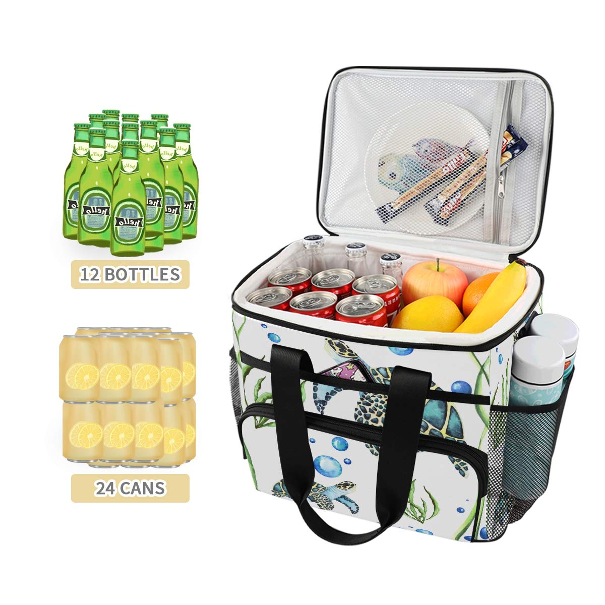 ALAZA Watercolor Sea Turtles and Seaweed Bubbles Large Capacity Cooler Tote Insulated Lunch Bag Lunch Cooler Bag