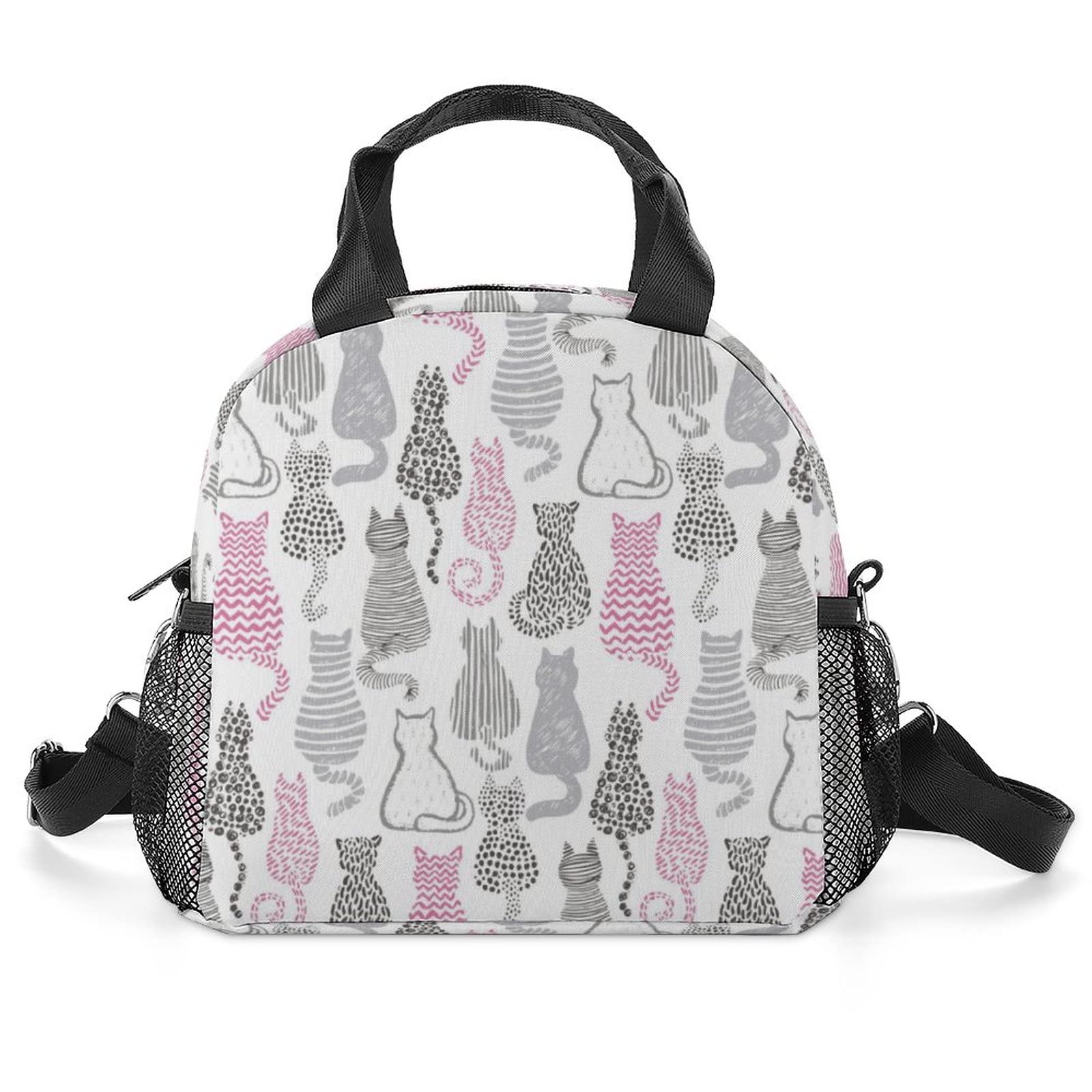 Lunch Box Women Boys Girls Grey Pink Cats Lunch Bag Insulated Thermos Tote with Water Bottle Holder & Removable Shoulder Strap for Back to School Travel Work