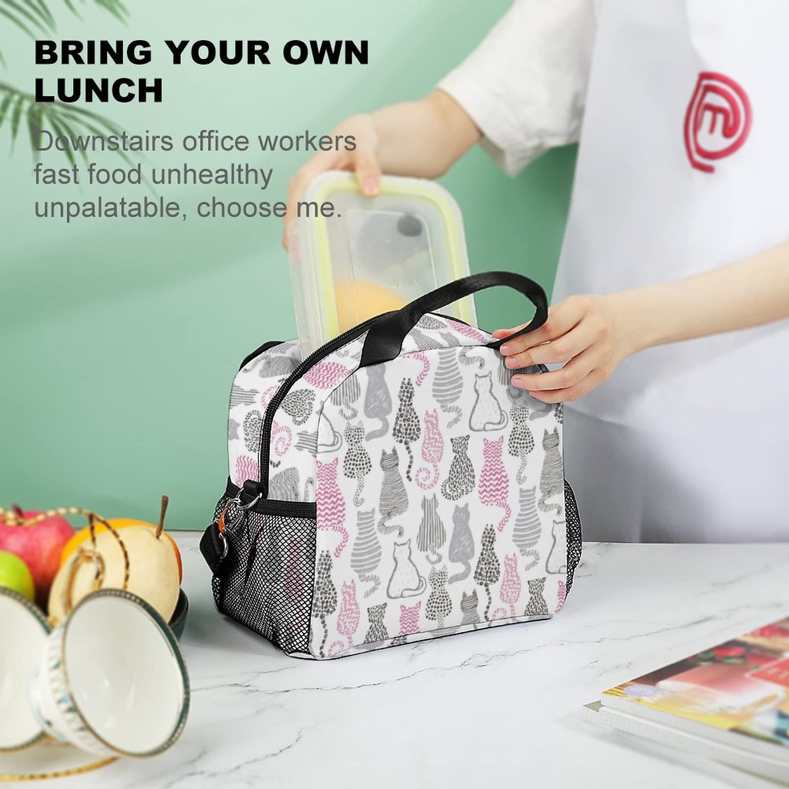 Lunch Box Women Boys Girls Grey Pink Cats Lunch Bag Insulated Thermos Tote with Water Bottle Holder & Removable Shoulder Strap for Back to School Travel Work