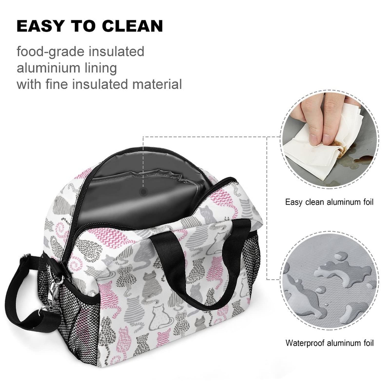 Lunch Box Women Boys Girls Grey Pink Cats Lunch Bag Insulated Thermos Tote with Water Bottle Holder & Removable Shoulder Strap for Back to School Travel Work