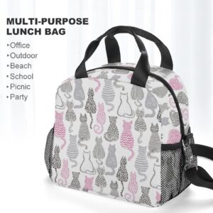 Lunch Box Women Boys Girls Grey Pink Cats Lunch Bag Insulated Thermos Tote with Water Bottle Holder & Removable Shoulder Strap for Back to School Travel Work