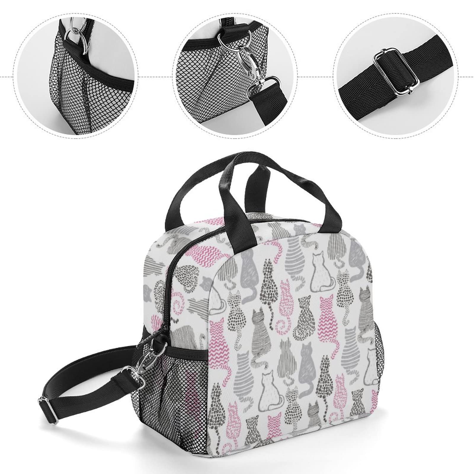 Lunch Box Women Boys Girls Grey Pink Cats Lunch Bag Insulated Thermos Tote with Water Bottle Holder & Removable Shoulder Strap for Back to School Travel Work