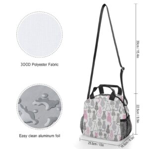 Lunch Box Women Boys Girls Grey Pink Cats Lunch Bag Insulated Thermos Tote with Water Bottle Holder & Removable Shoulder Strap for Back to School Travel Work