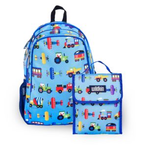 wildkin 15 inch kids backpack bundle with lunch bag (trains, planes & trucks)