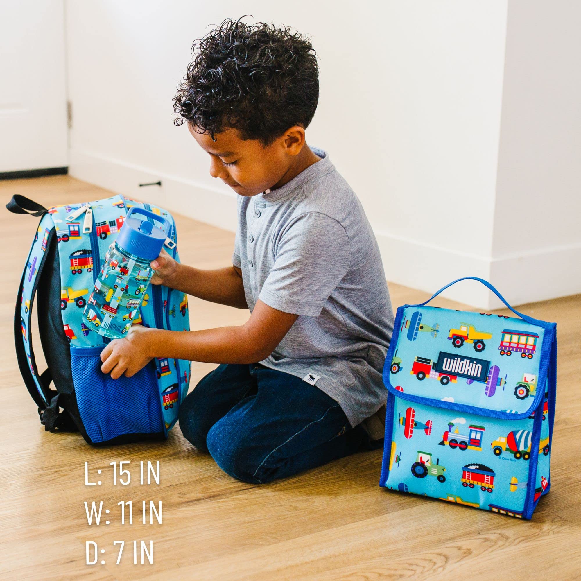 Wildkin 15 Inch Kids Backpack Bundle with Lunch Bag (Trains, Planes & Trucks)