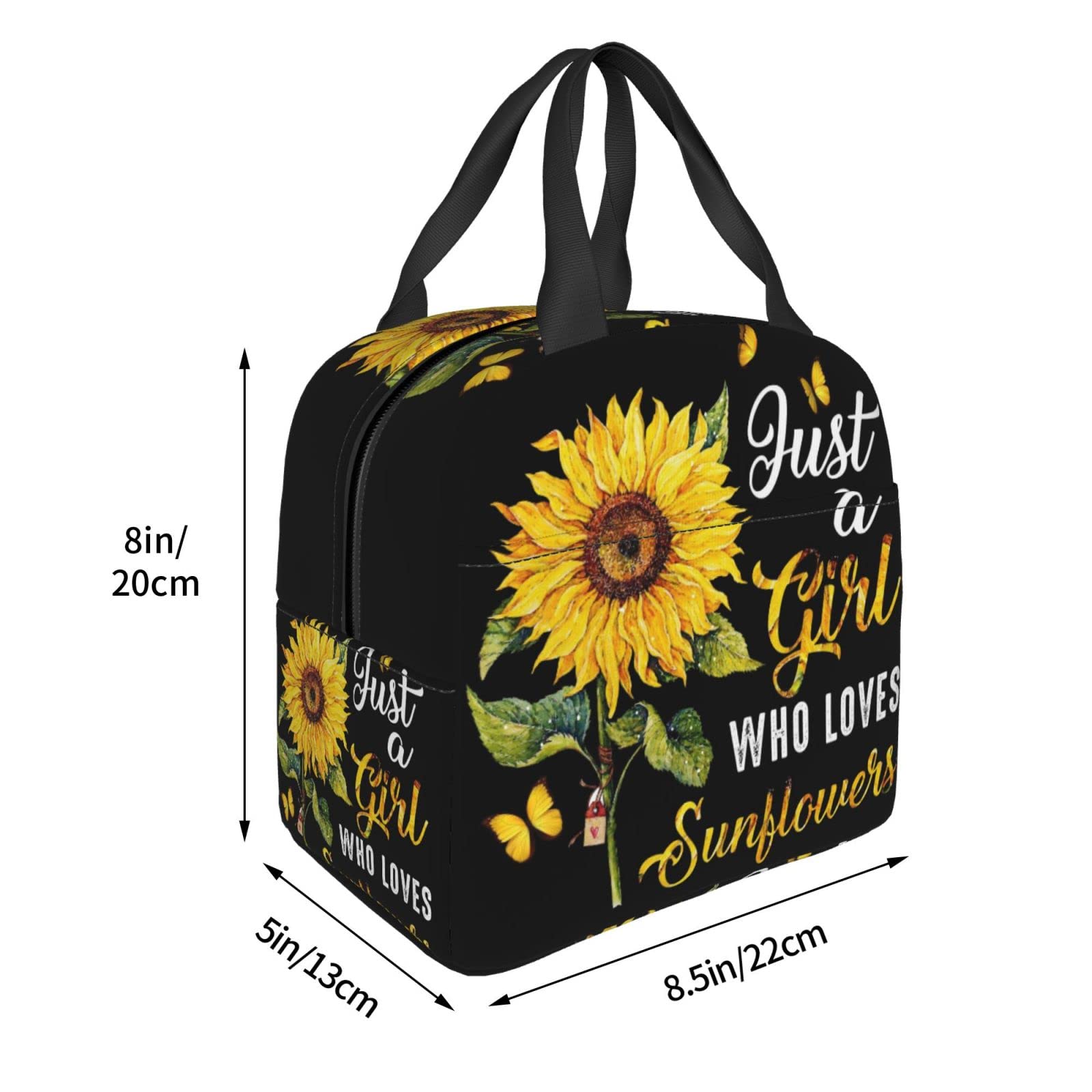 vlaxwaif Just A Girl Who Loves Sunflowers Lunch Box Tote Lunch Bag Insulated Portable Meal Bag Handbags With Front Pocket For Women Men Girls Boys Suitable School Work Picnic