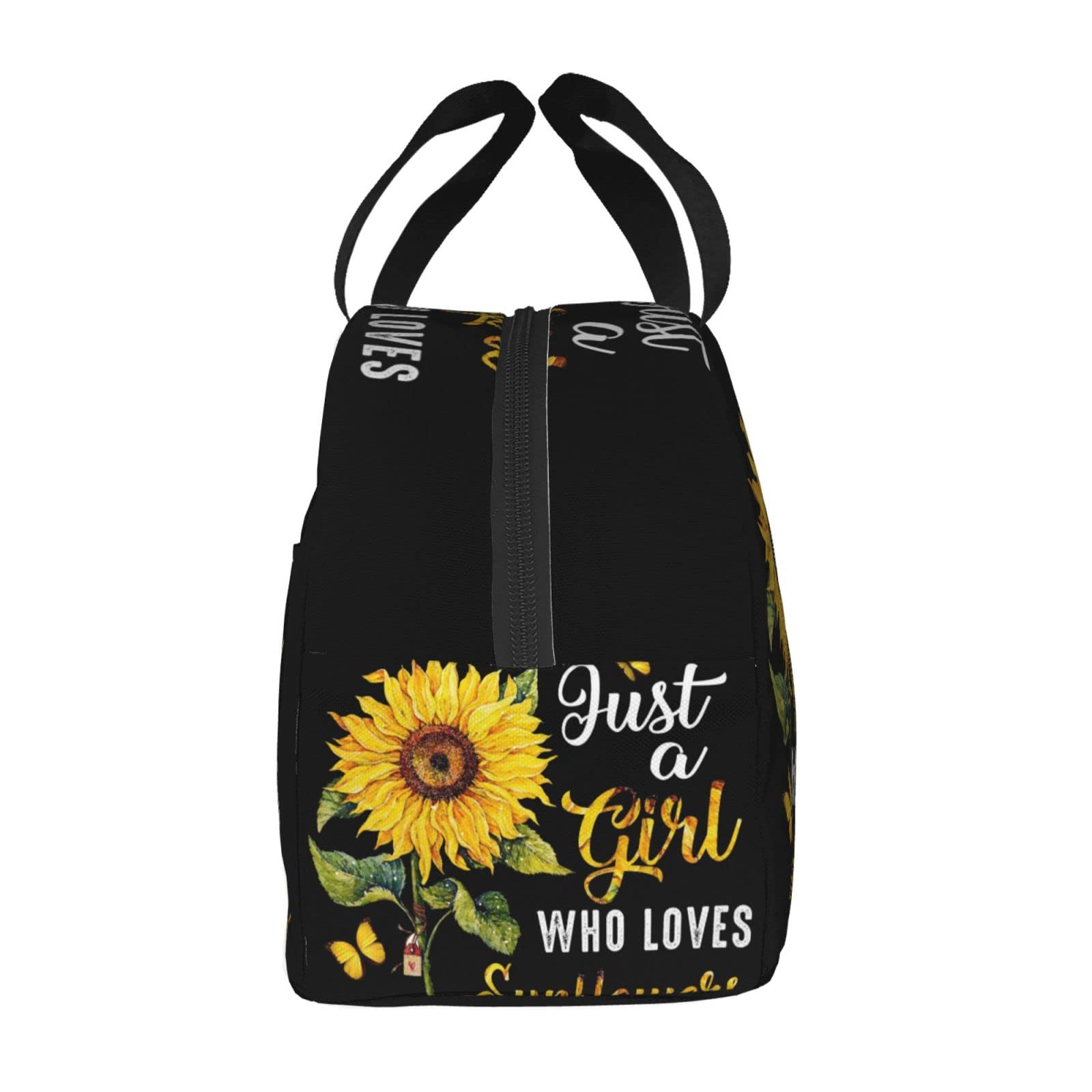 vlaxwaif Just A Girl Who Loves Sunflowers Lunch Box Tote Lunch Bag Insulated Portable Meal Bag Handbags With Front Pocket For Women Men Girls Boys Suitable School Work Picnic