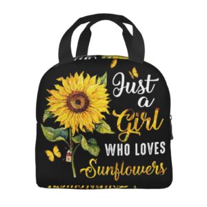 vlaxwaif Just A Girl Who Loves Sunflowers Lunch Box Tote Lunch Bag Insulated Portable Meal Bag Handbags With Front Pocket For Women Men Girls Boys Suitable School Work Picnic