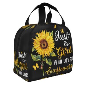 vlaxwaif Just A Girl Who Loves Sunflowers Lunch Box Tote Lunch Bag Insulated Portable Meal Bag Handbags With Front Pocket For Women Men Girls Boys Suitable School Work Picnic