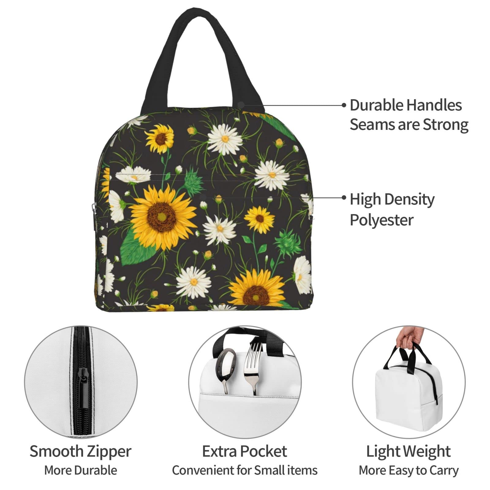 Sunflower Lunch Bags for Women Portable insulated Leakproof Daisy Lunch Box Thermal Cooler Bag Reusable Loncheras Para Mujer for Office Work Picnic Beach