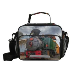 exnundod vintage steam locomotive lunch bag train station reusable insulated bag cooler lunch tote with bottle holder adjuster shoulder strape durable for men women kids adults