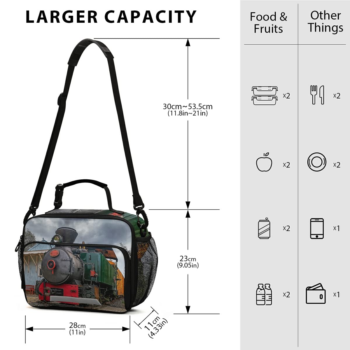 Exnundod Vintage Steam Locomotive Lunch Bag Train Station Reusable Insulated Bag Cooler Lunch Tote with Bottle Holder Adjuster Shoulder Strape Durable for Men Women Kids Adults