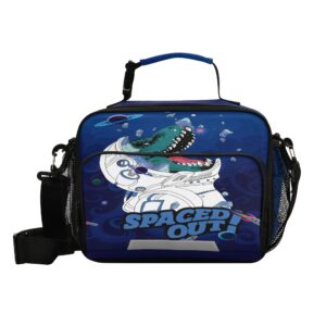 zoeo boys dinosaur lunch box navy space astronaut school kids lunch bag for teens snacks insulated cooler tote ice pack freezable, fits bento boxes, external bottle holder