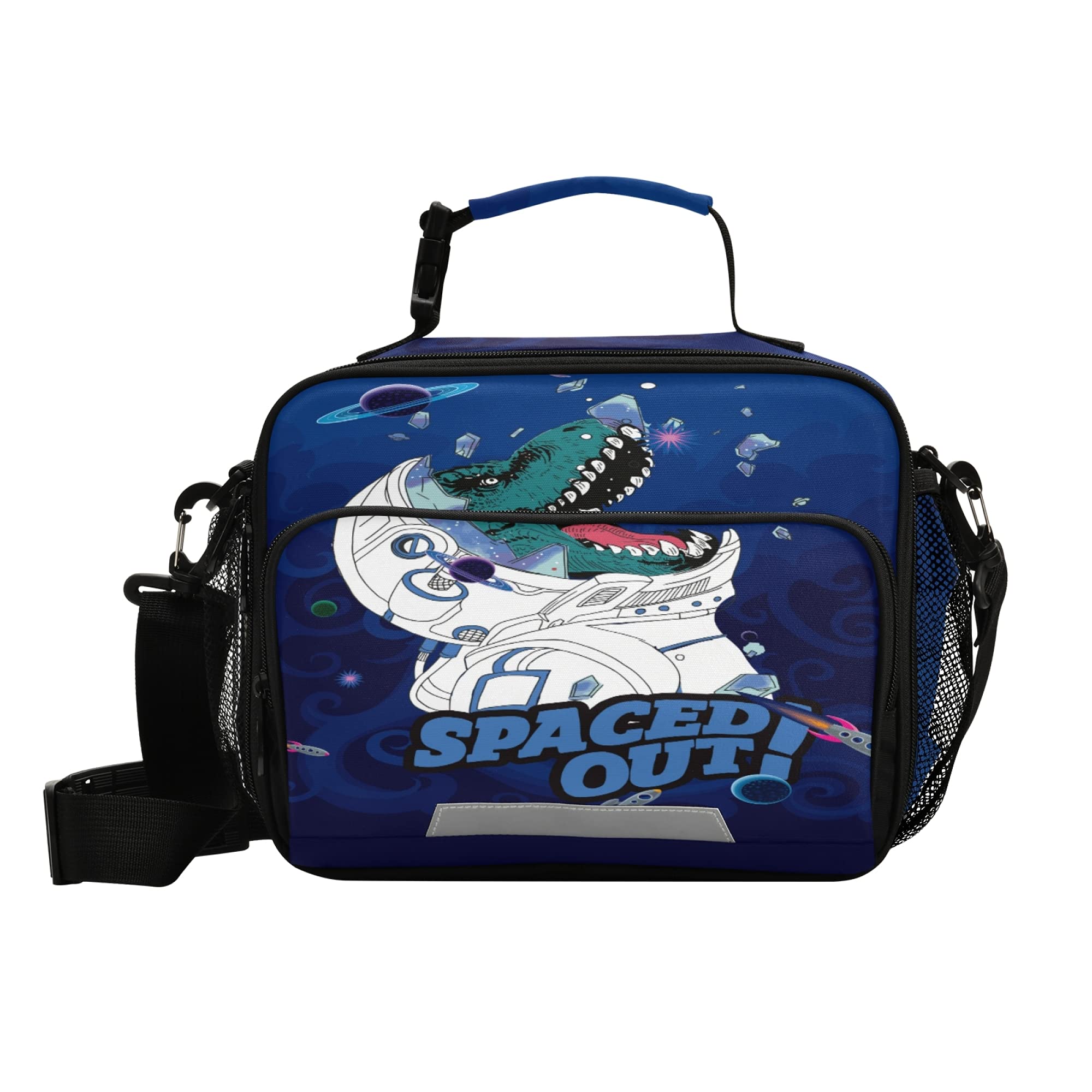 ZOEO Boys Dinosaur Lunch Box Navy Space Astronaut School Kids Lunch Bag for Teens Snacks Insulated Cooler Tote Ice Pack Freezable, Fits Bento Boxes, External Bottle Holder