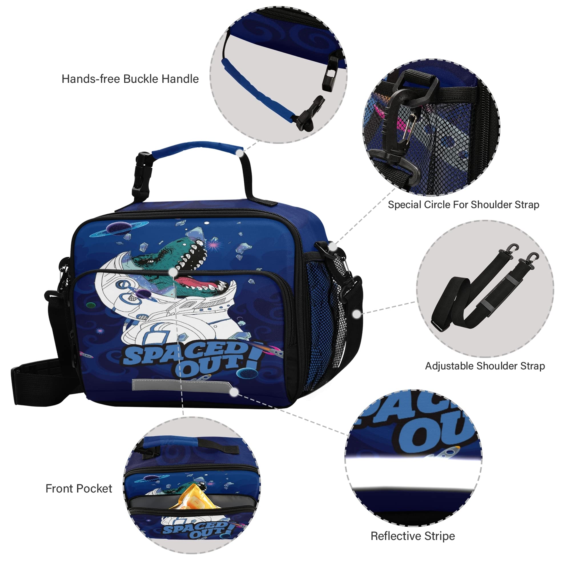 ZOEO Boys Dinosaur Lunch Box Navy Space Astronaut School Kids Lunch Bag for Teens Snacks Insulated Cooler Tote Ice Pack Freezable, Fits Bento Boxes, External Bottle Holder