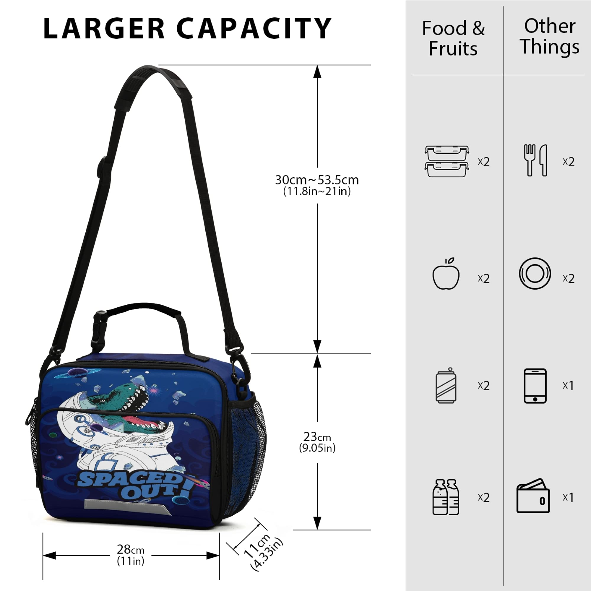 ZOEO Boys Dinosaur Lunch Box Navy Space Astronaut School Kids Lunch Bag for Teens Snacks Insulated Cooler Tote Ice Pack Freezable, Fits Bento Boxes, External Bottle Holder