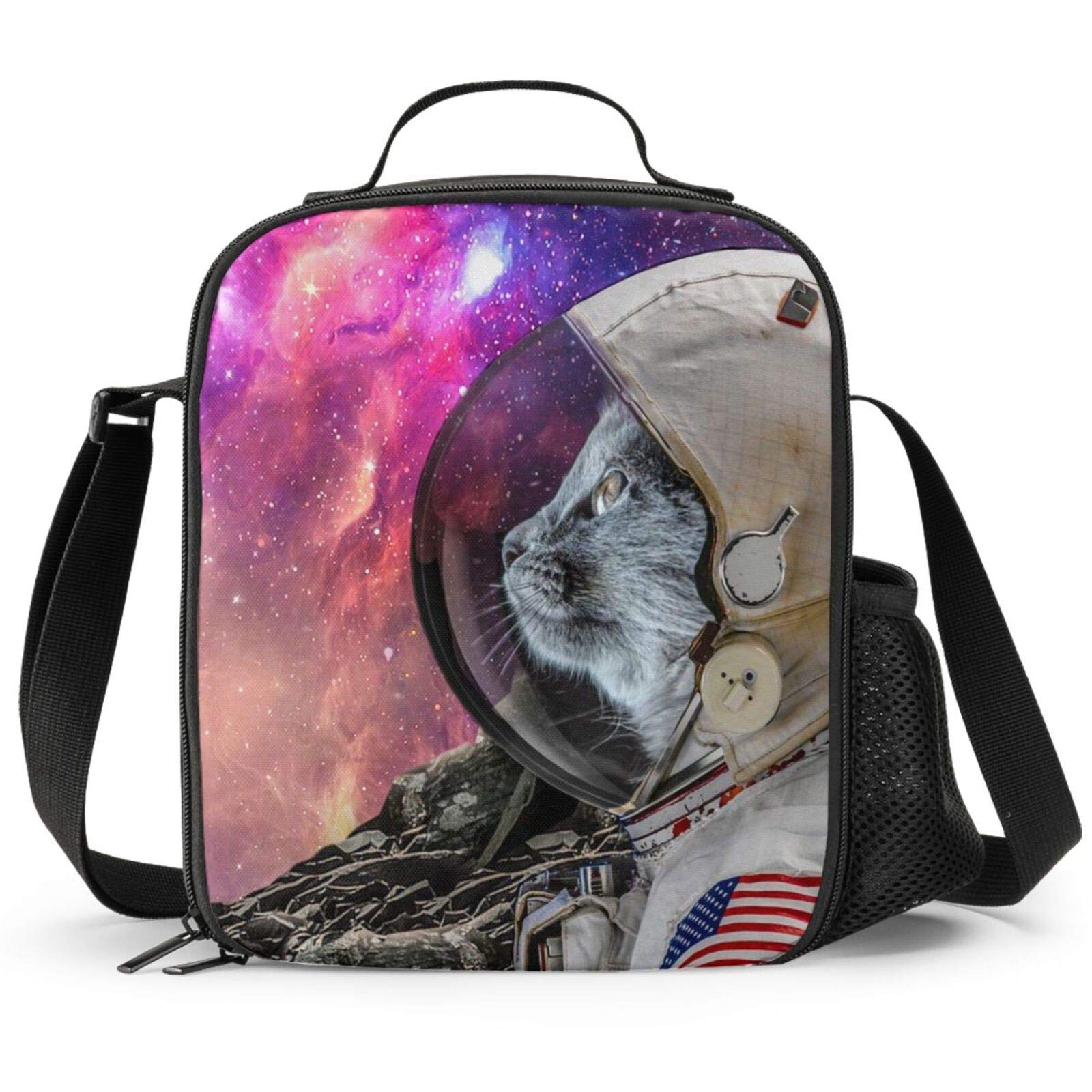 PrelerDIY Space Cat Lunch Box - Insulated Lunch Box for Kids with Side Pocket & Shoulder Strap Lunch Bag, Perfect for School/Camping/Hiking/Picnic/Beach/Travel