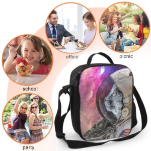 PrelerDIY Space Cat Lunch Box - Insulated Lunch Box for Kids with Side Pocket & Shoulder Strap Lunch Bag, Perfect for School/Camping/Hiking/Picnic/Beach/Travel