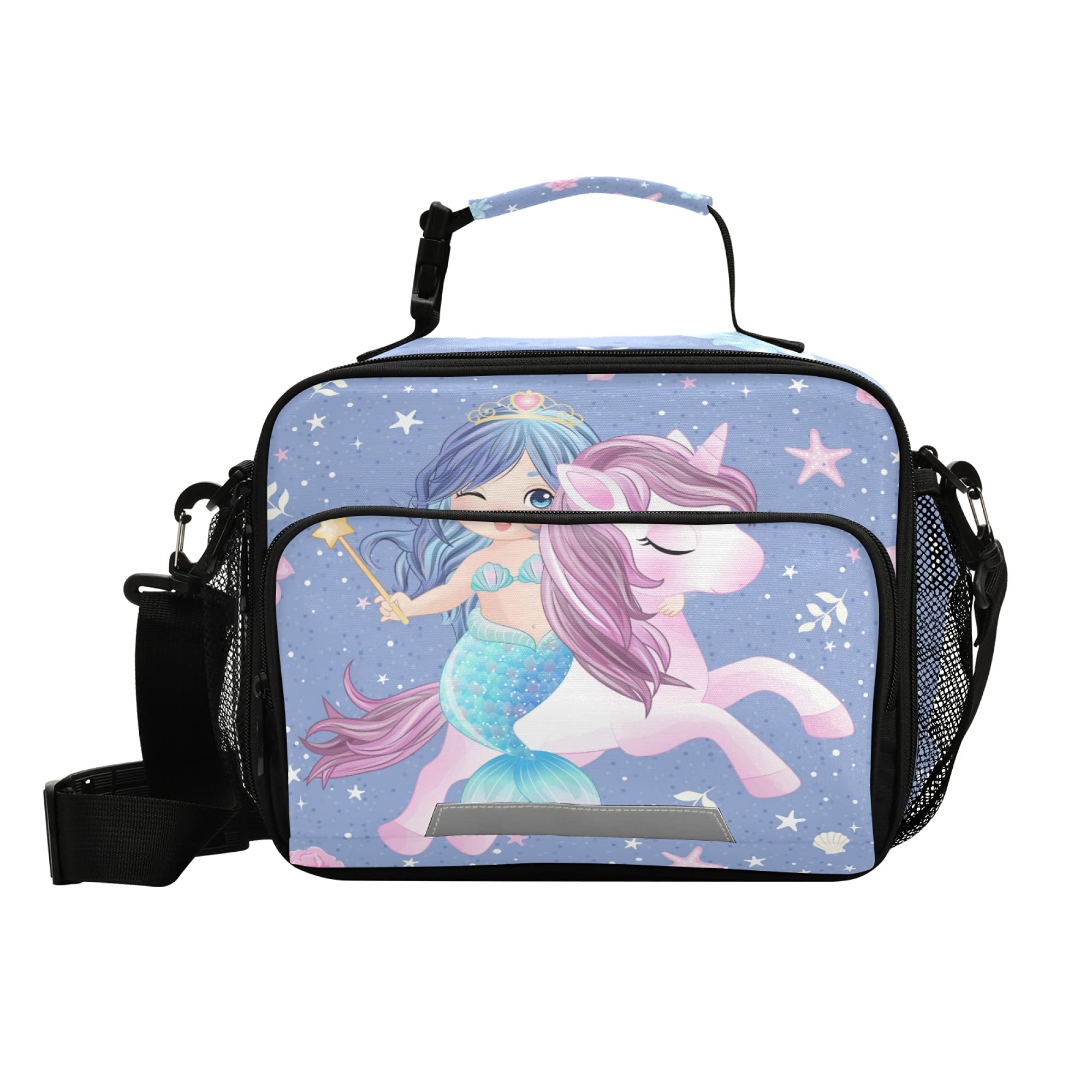 ZOEO Girls Mermaid Unicorn Lunch Box Blue Magic Horse Prep Kids Cooler Insulated Lunch Bag Tote Freezable Shoulder Strap Waterproof Picnic Meal for School Office