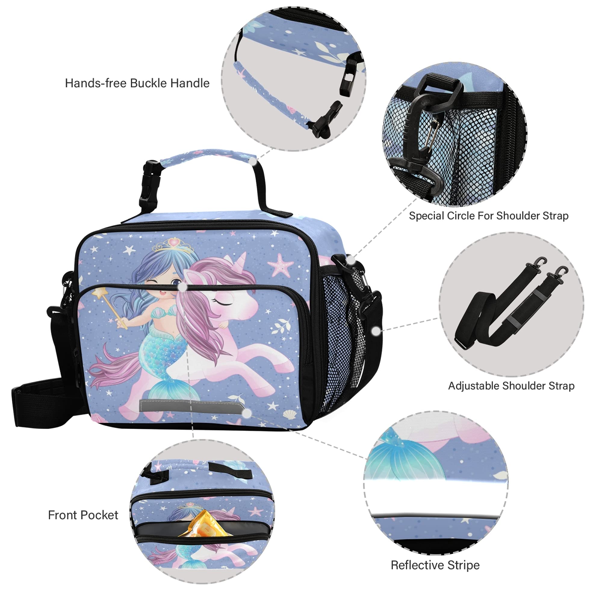 ZOEO Girls Mermaid Unicorn Lunch Box Blue Magic Horse Prep Kids Cooler Insulated Lunch Bag Tote Freezable Shoulder Strap Waterproof Picnic Meal for School Office