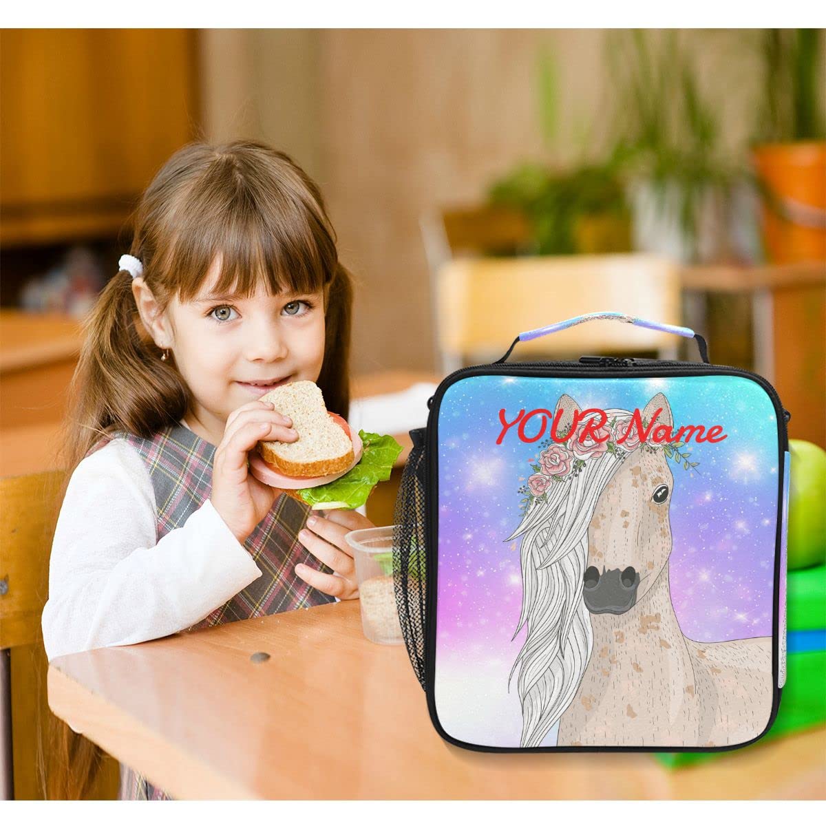 Personalized Name Lunch Boxes for Kids Girls Galxy Customized School Lunchbox Bag Insulated with Shoulder Strap,Galaxy Horse,Lb113